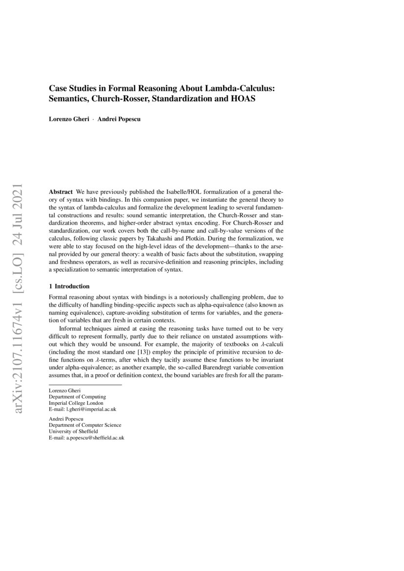 Case Studies in Formal Reasoning About Lambda-Calculus: Semantics ...