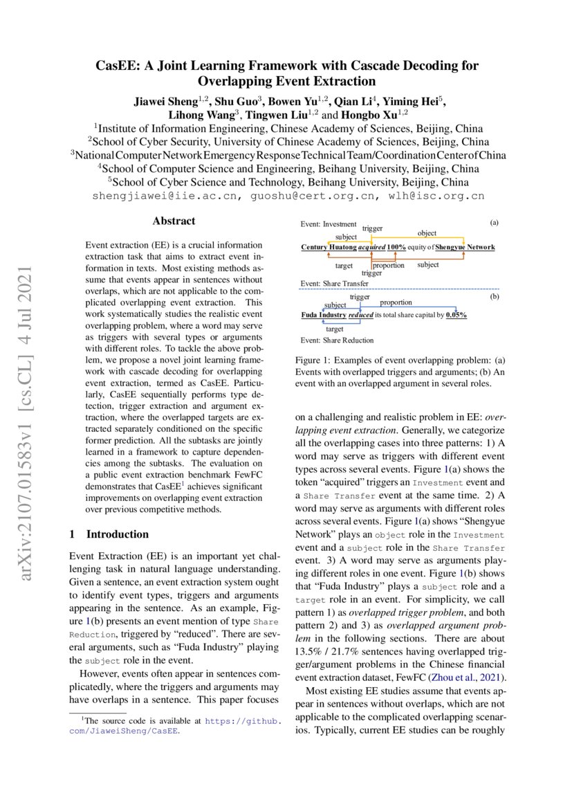 Casee A Joint Learning Framework With Cascade Decoding For Overlapping Event Extraction Deepai