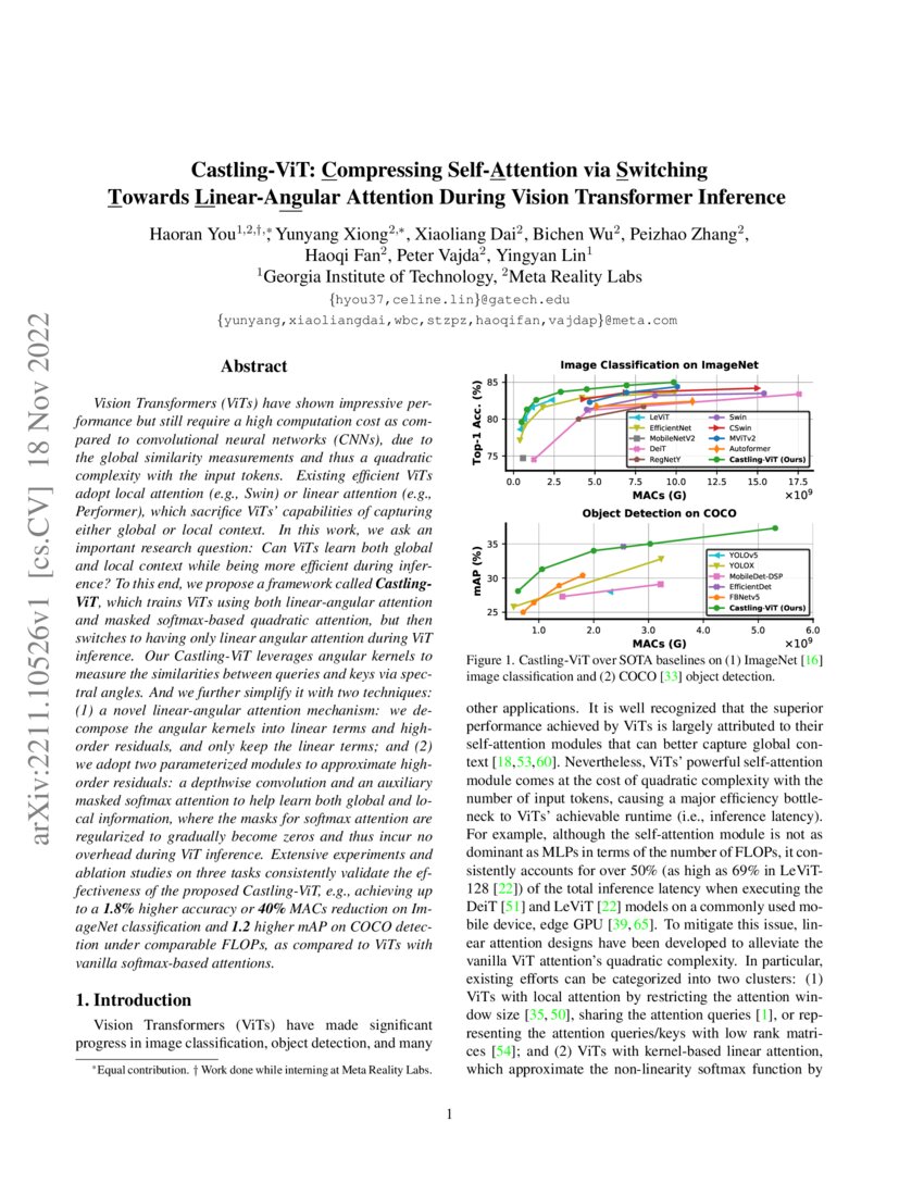 Castling Vit Compressing Self Attention Via Switching Towards Linear