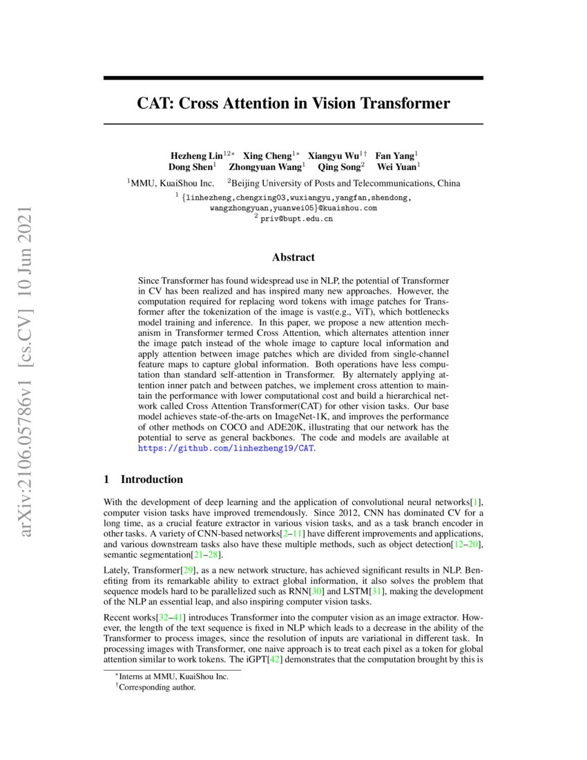 CAT: Cross Attention in Vision Transformer | DeepAI