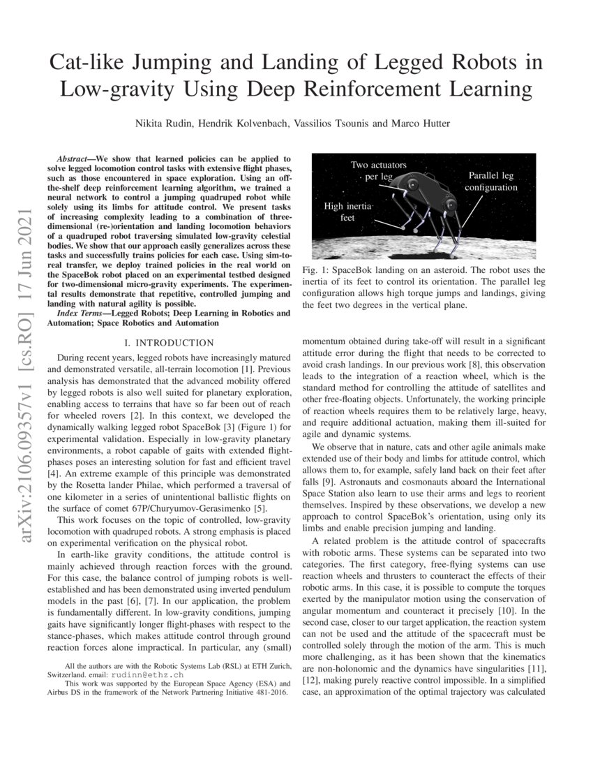 Cat Like Jumping And Landing Of Legged Robots In Low Gravity Using Deep