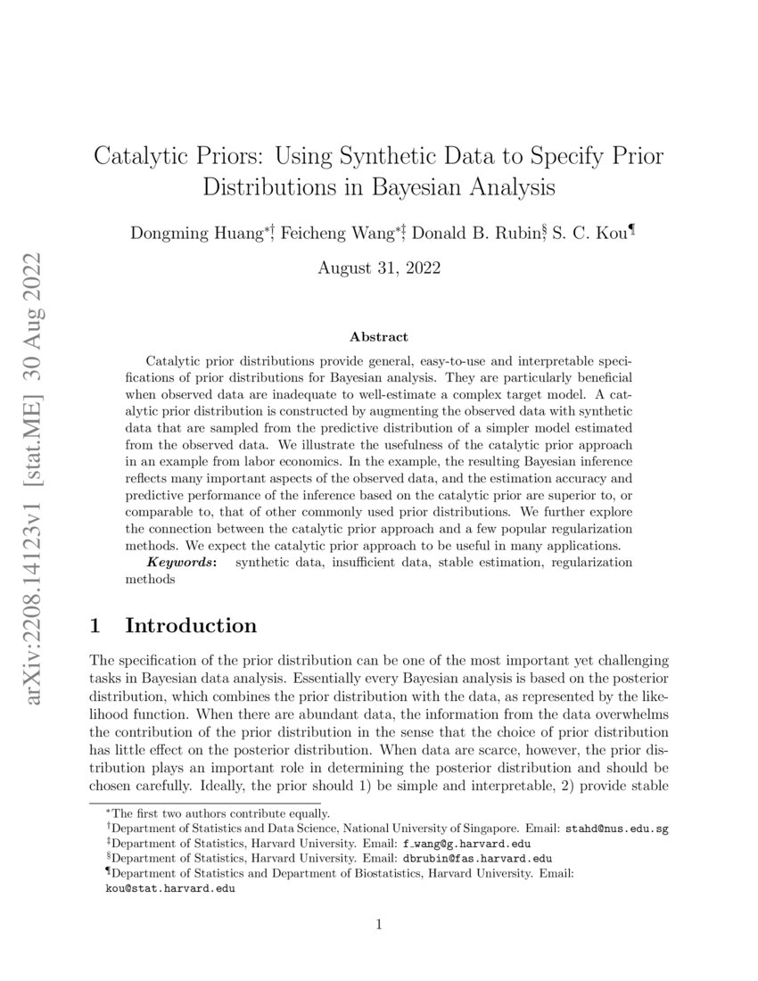 Catalytic Priors Using Synthetic Data To Specify Prior Distributions In Bayesian Analysis Deepai 