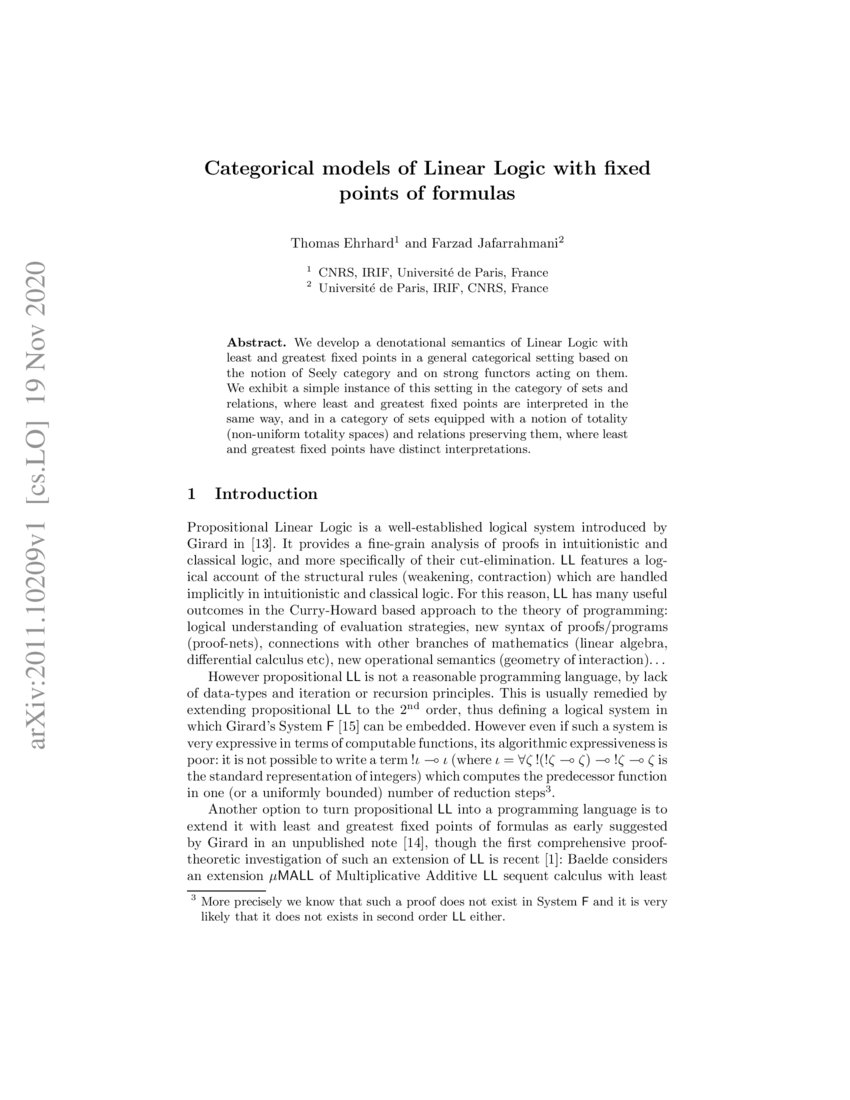Categorical models of Linear Logic with fixed points of formulas | DeepAI