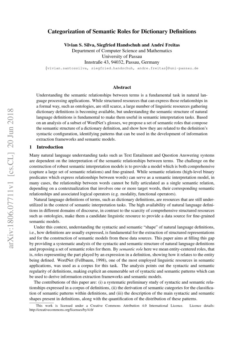 Categorization of Semantic Roles for Dictionary Definitions | DeepAI