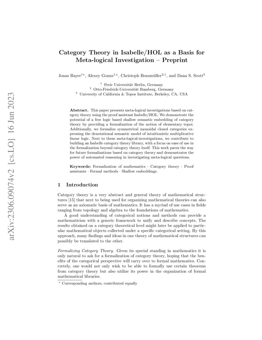 Category Theory in Isabelle/HOL as a Basis for Meta-logical Investigation | DeepAI