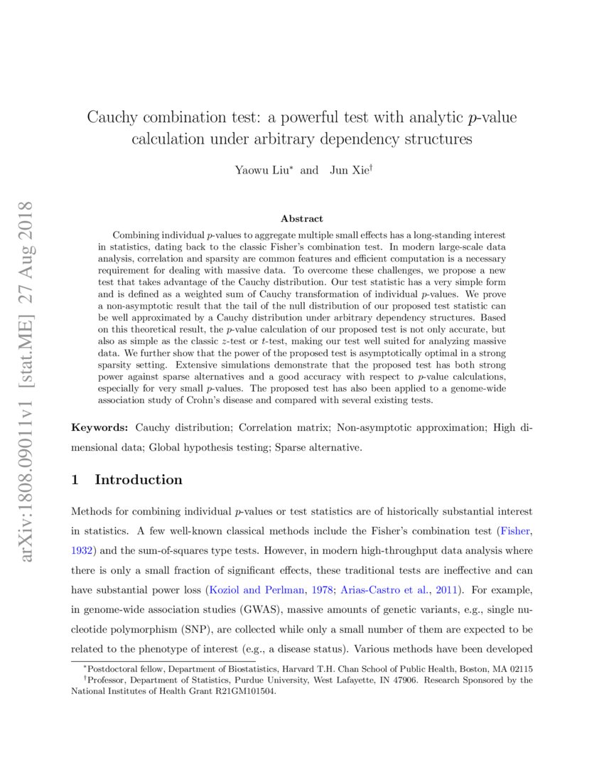Cauchy combination test: a powerful test with analytic p-value ...
