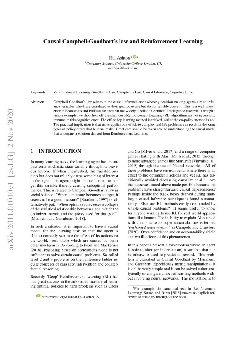 Causal Campbell-Goodhart's law and Reinforcement Learning | DeepAI