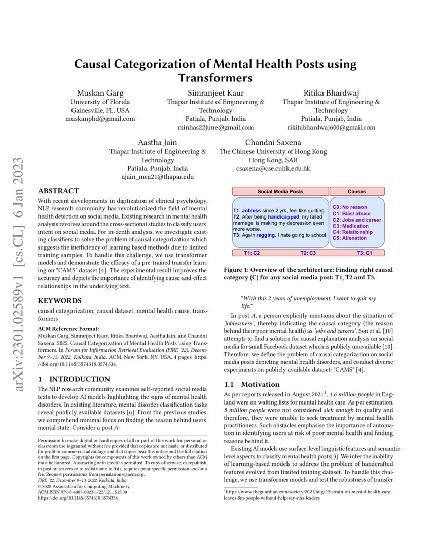 Causal Categorization Of Mental Health Posts Using Transformers Deepai