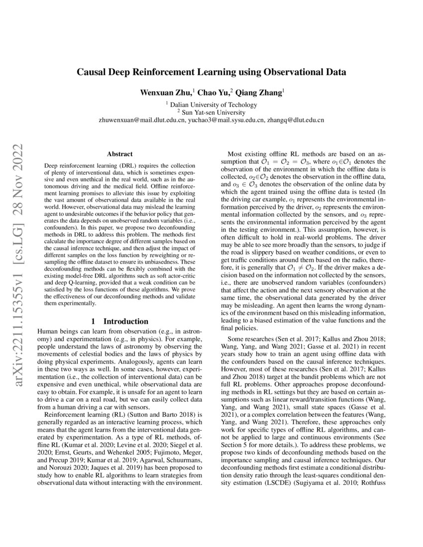 Causal Deep Reinforcement Learning Using Observational Data Deepai