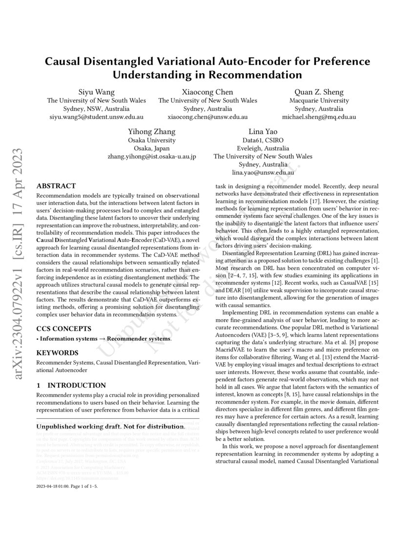 Causal Disentangled Variational Auto Encoder For Preference Understanding In Recommendation Deepai