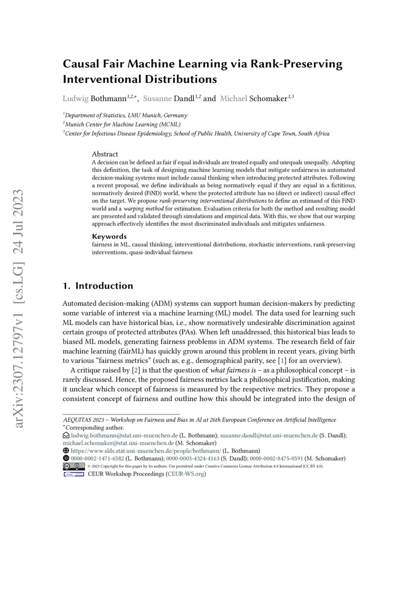 Causal Fair Machine Learning via Rank-Preserving Interventional Distributions | DeepAI