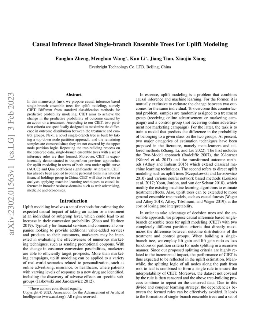 Causal Inference Based Single Branch Ensemble Trees For Uplift Modeling Deepai
