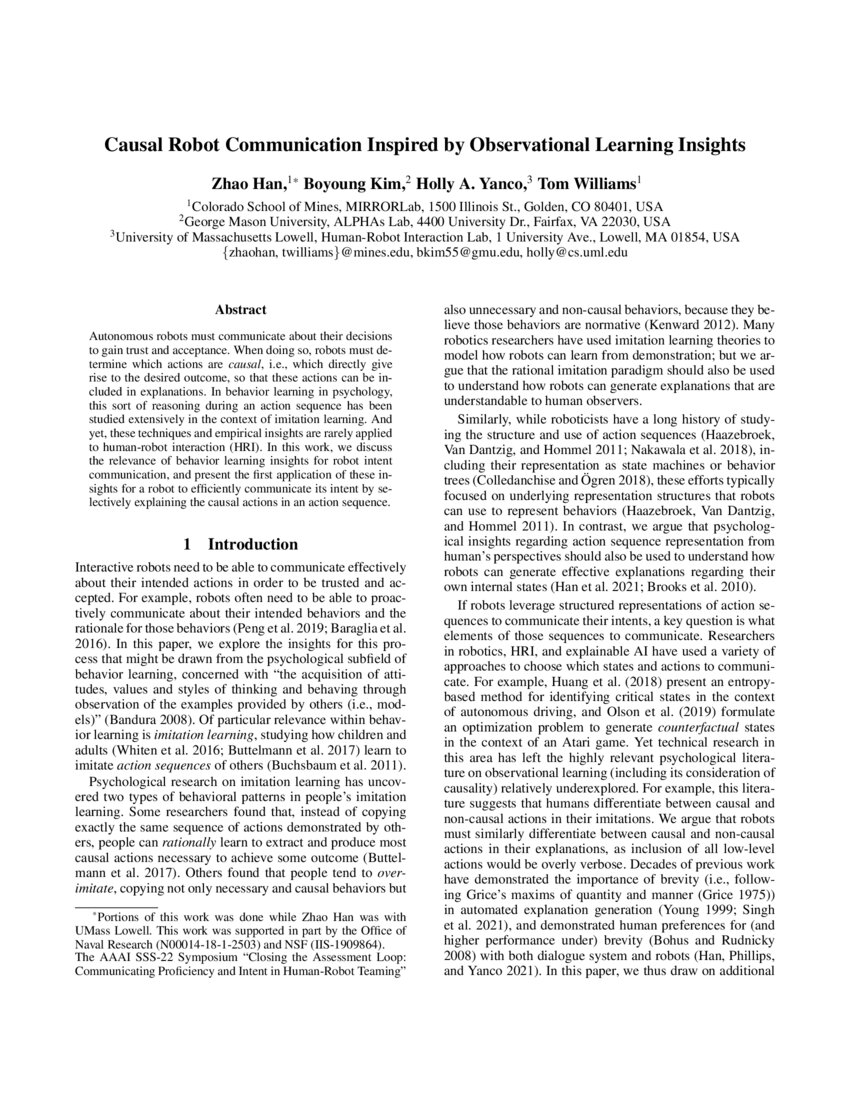 Causal Robot Communication Inspired By Observational Learning Insights Deepai
