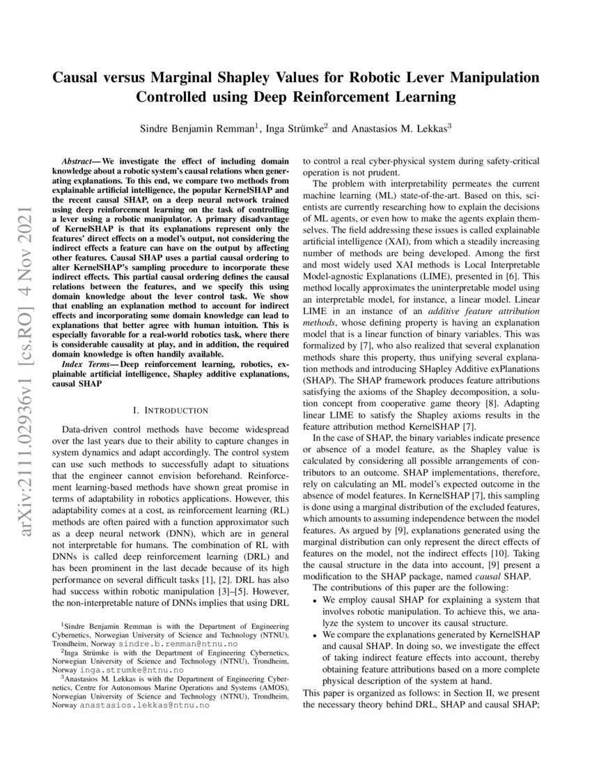 Causal Versus Marginal Shapley Values For Robotic Lever Manipulation