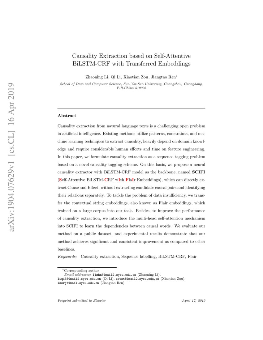 Causality Extraction Based On Self Attentive Bilstm Crf With Transferred Embeddings Deepai