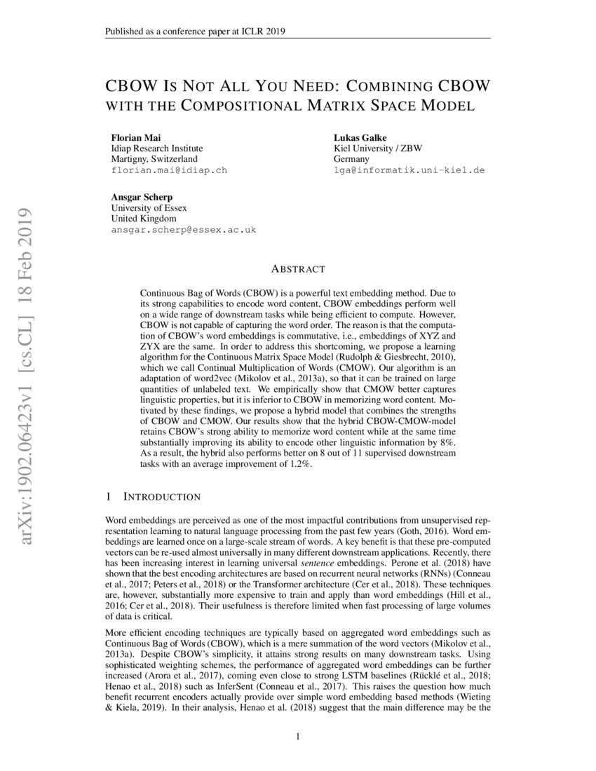 CBOW Is Not All You Need: Combining CBOW with the Compositional Matrix Space Model | DeepAI