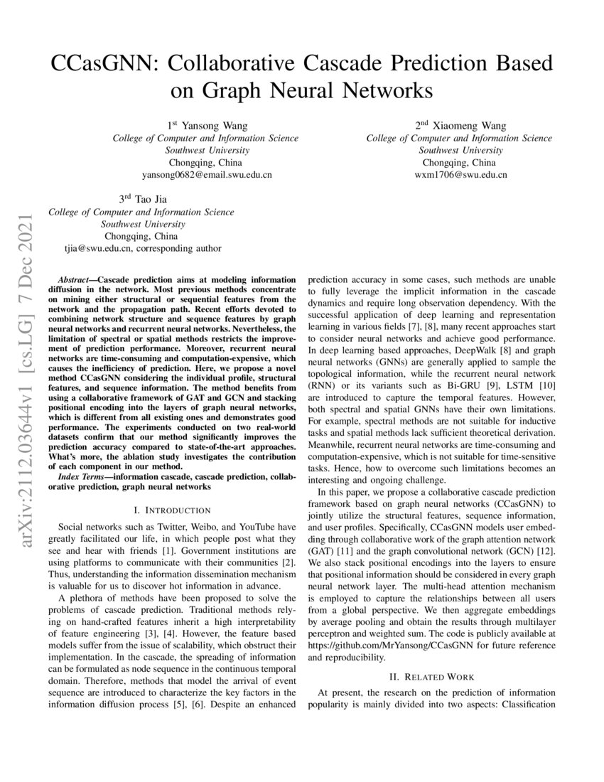 Ccasgnn Collaborative Cascade Prediction Based On Graph Neural