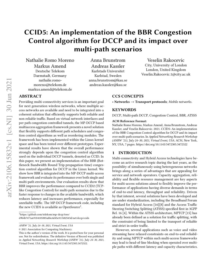 CCID5: An implementation of the BBR Congestion Control algorithm for DCCP and its impact over ...