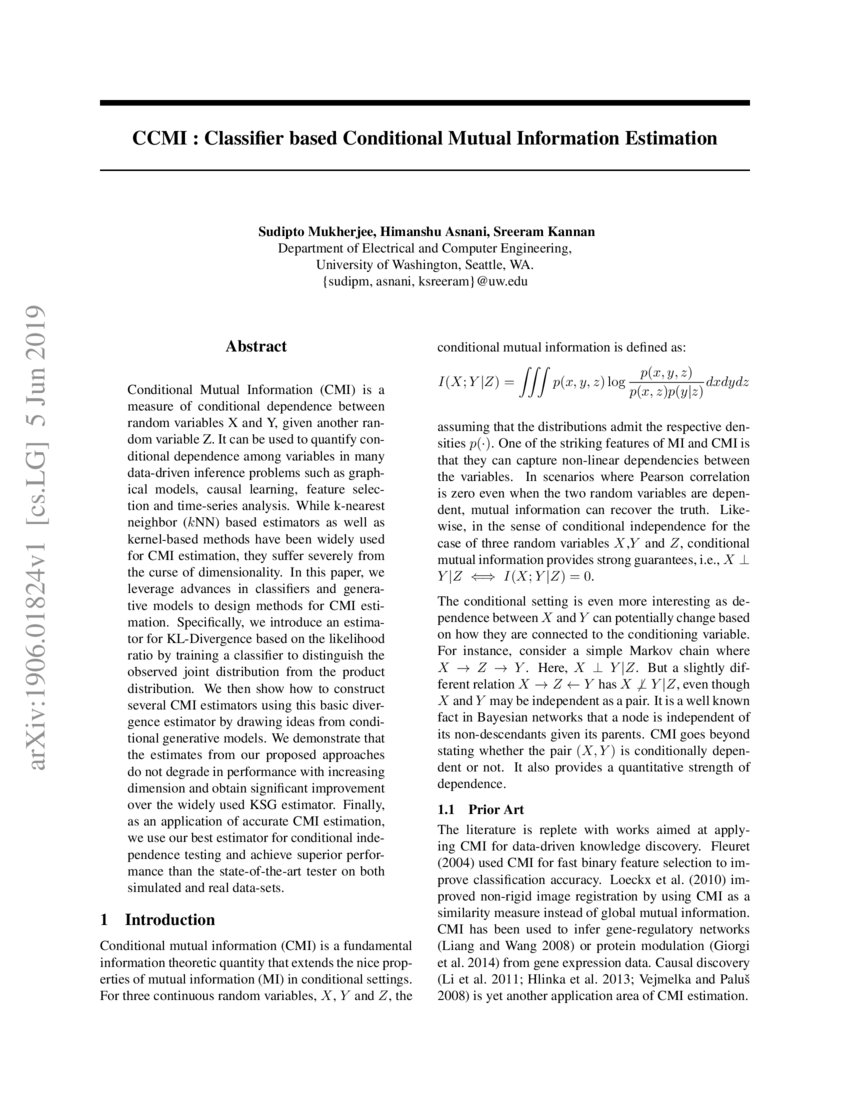 Ccmi Classifier Based Conditional Mutual Information Estimation Deepai
