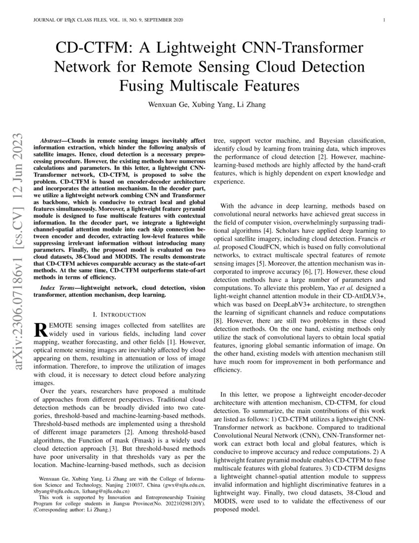 Cd Ctfm A Lightweight Cnn Transformer Network For Remote Sensing Cloud Detection Fusing