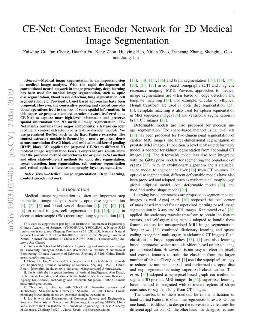 CE-Net: Context Encoder Network for 2D Medical Image Segmentation | DeepAI