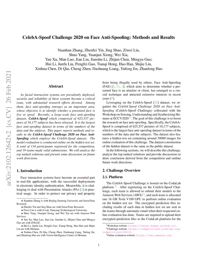 CelebA-Spoof Challenge 2020 on Face Anti-Spoofing: Methods and Results ...