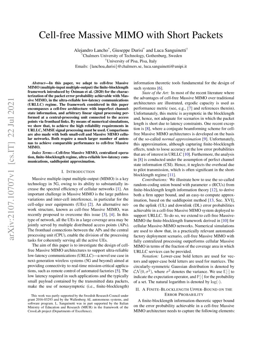 Cell-free Massive MIMO with Short Packets | DeepAI