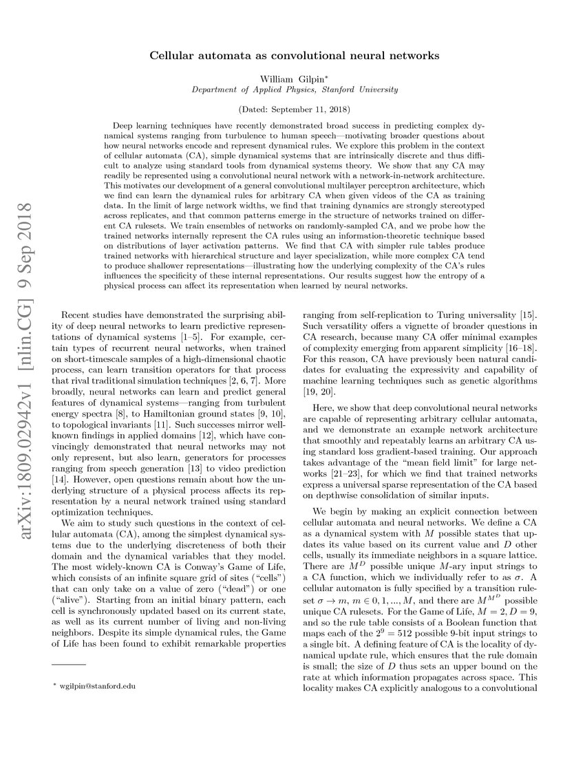 Cellular Automata As Convolutional Neural Networks Deepai