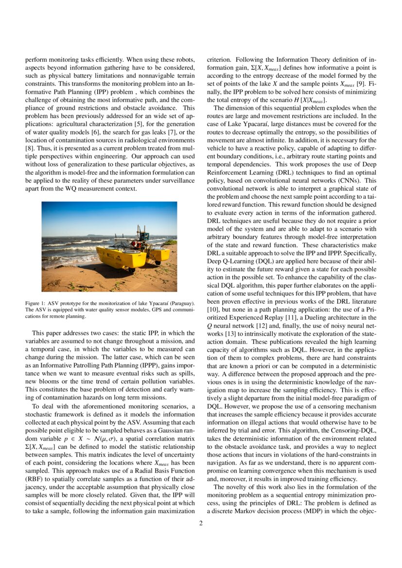 Censored Deep Reinforcement Patrolling with Information Criterion for Monitoring Large Water ...