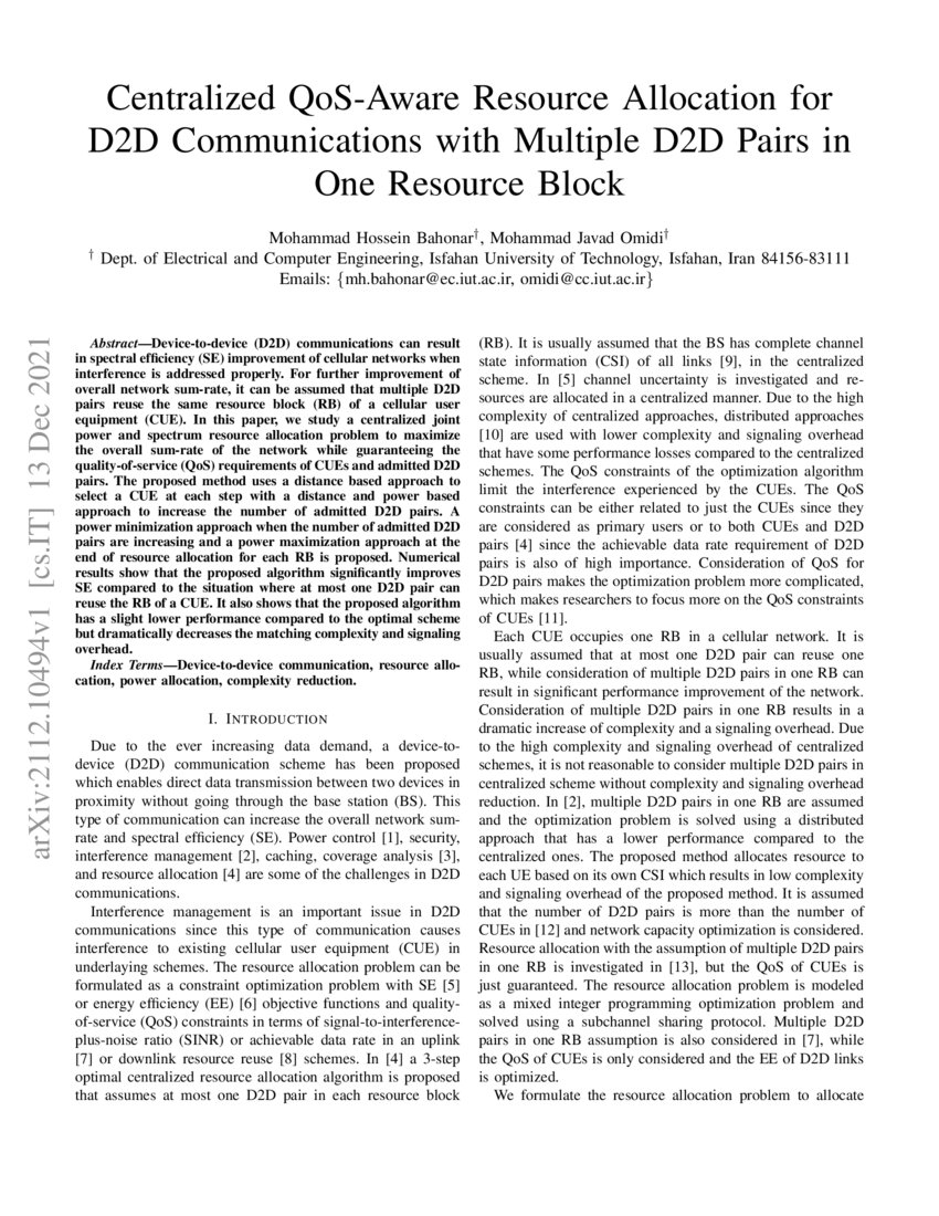 Centralized Qos Aware Resource Allocation For D2d Communications With Multiple D2d Pairs In One