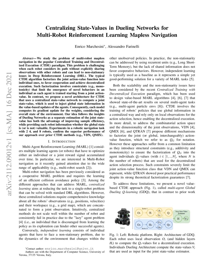Centralizing State-Values in Dueling Networks for Multi-Robot Reinforcement Learning Mapless ...