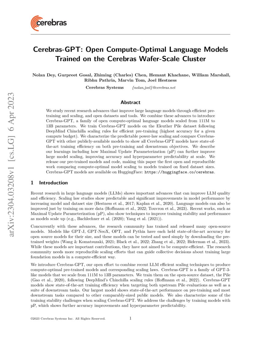 Cerebras-GPT: Open Compute-Optimal Language Models Trained on the Cerebras Wafer-Scale Cluster ...