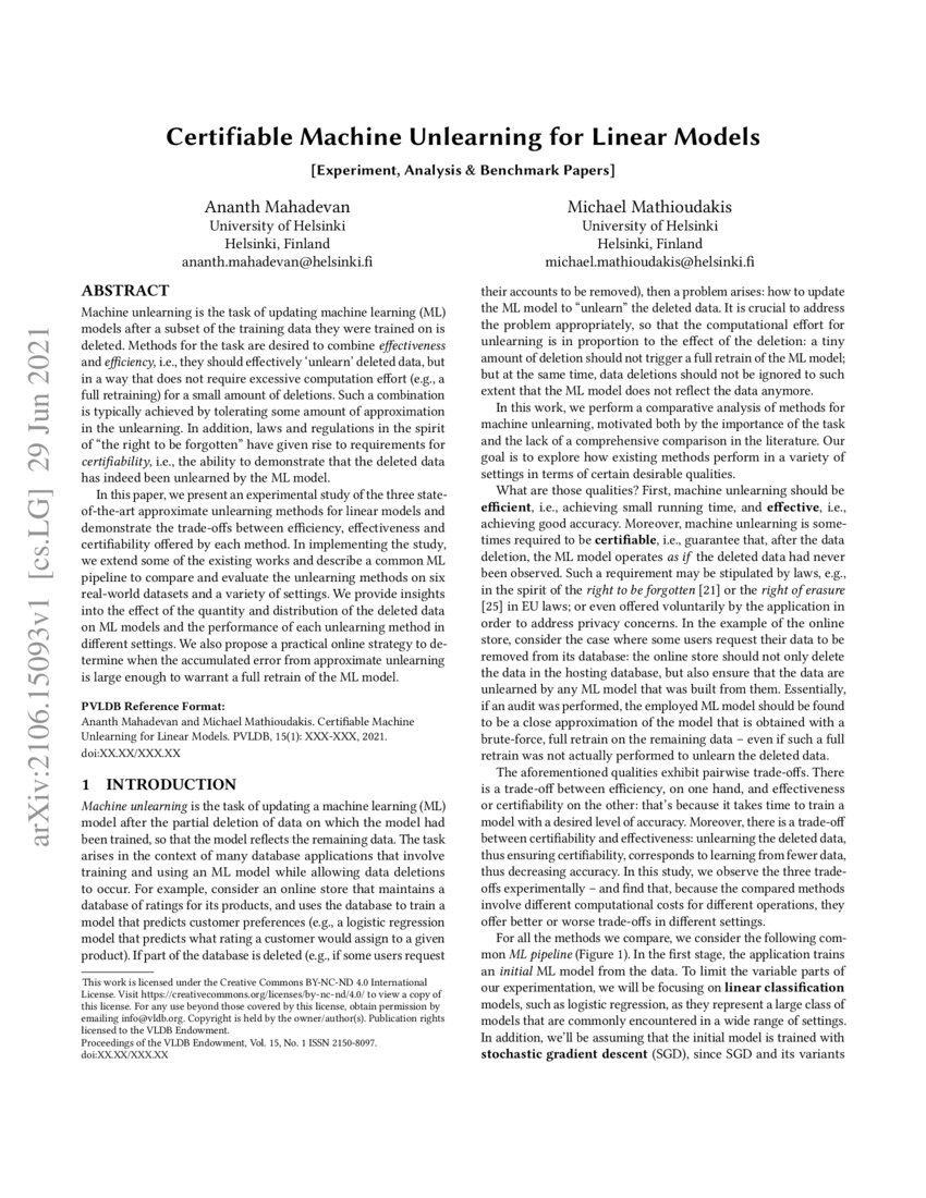 Certifiable Machine Unlearning for Linear Models | DeepAI