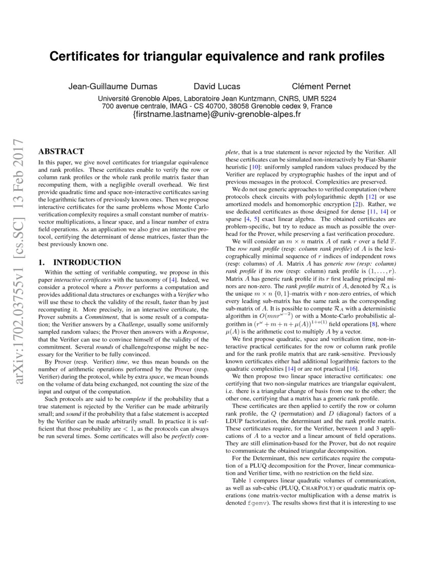 Certificates for triangular equivalence and rank profiles | DeepAI