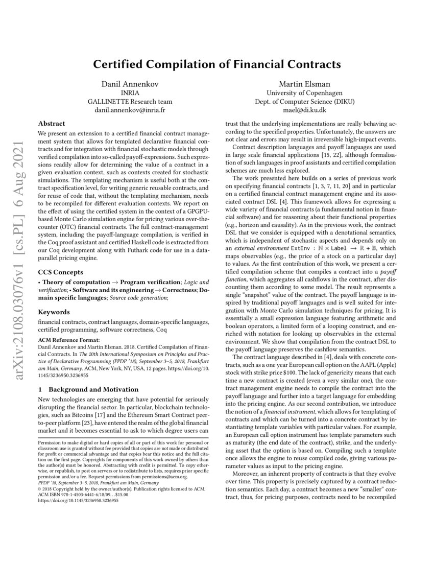 Certified Compilation of Financial Contracts | DeepAI