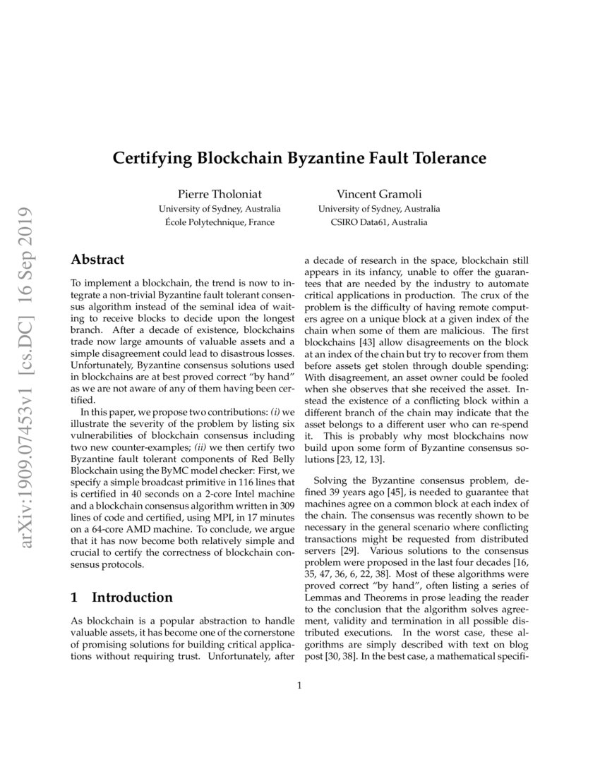 Certifying Blockchain Byzantine Fault Tolerance | DeepAI