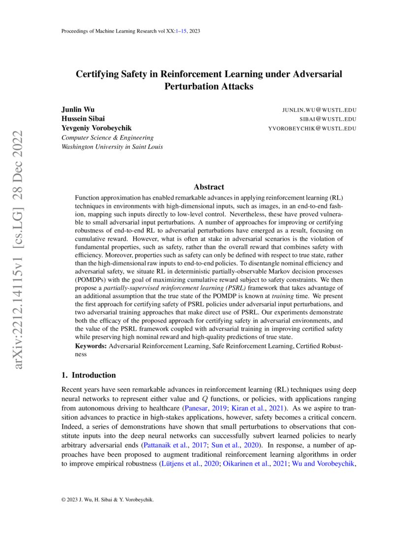 Certifying Safety In Reinforcement Learning Under Adversarial