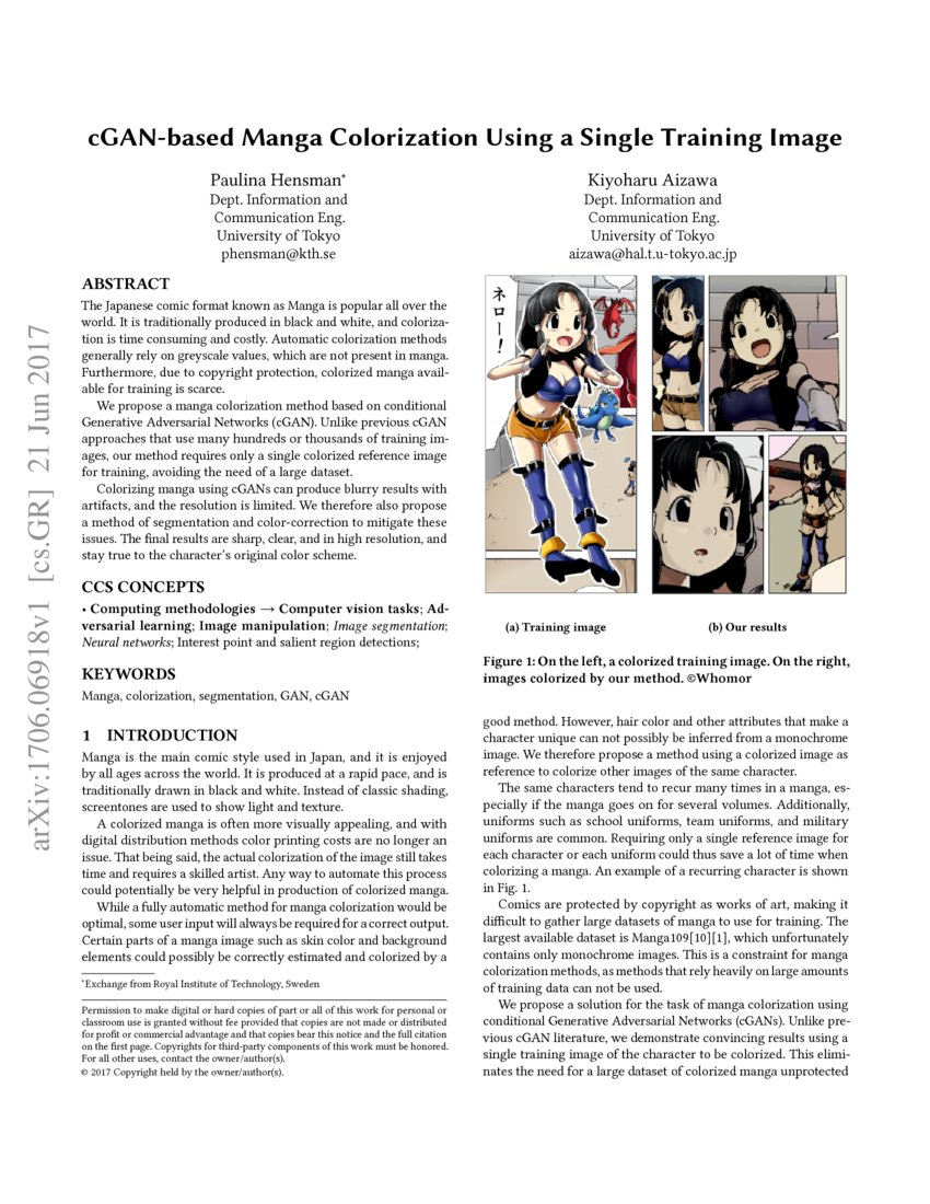 cGAN-based Manga Colorization Using a Single Training Image | DeepAI