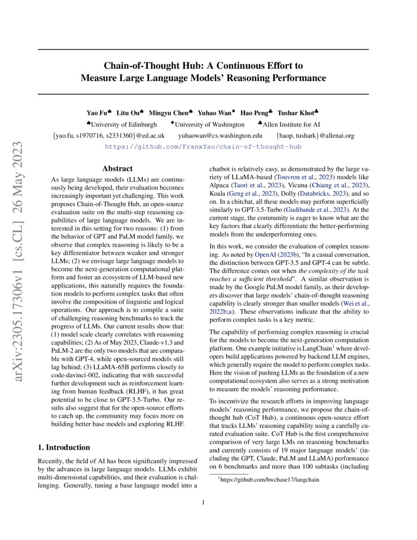 Chain Of Thought Hub A Continuous Effort To Measure Large Language Models Reasoning
