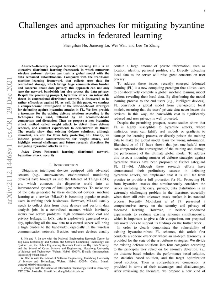 Challenges and approaches for mitigating byzantine attacks in federated ... Challenges and approaches for mitigating byzantine attacks in federated ...