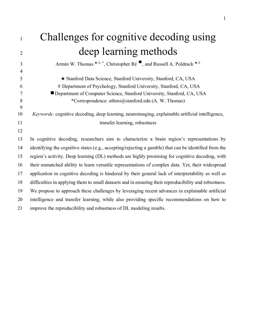 Challenges for cognitive decoding using deep learning methods | DeepAI