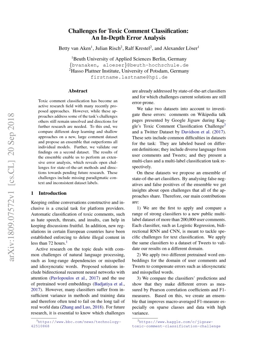 Challenges for Toxic Comment Classification: An In-Depth Error Analysis ...