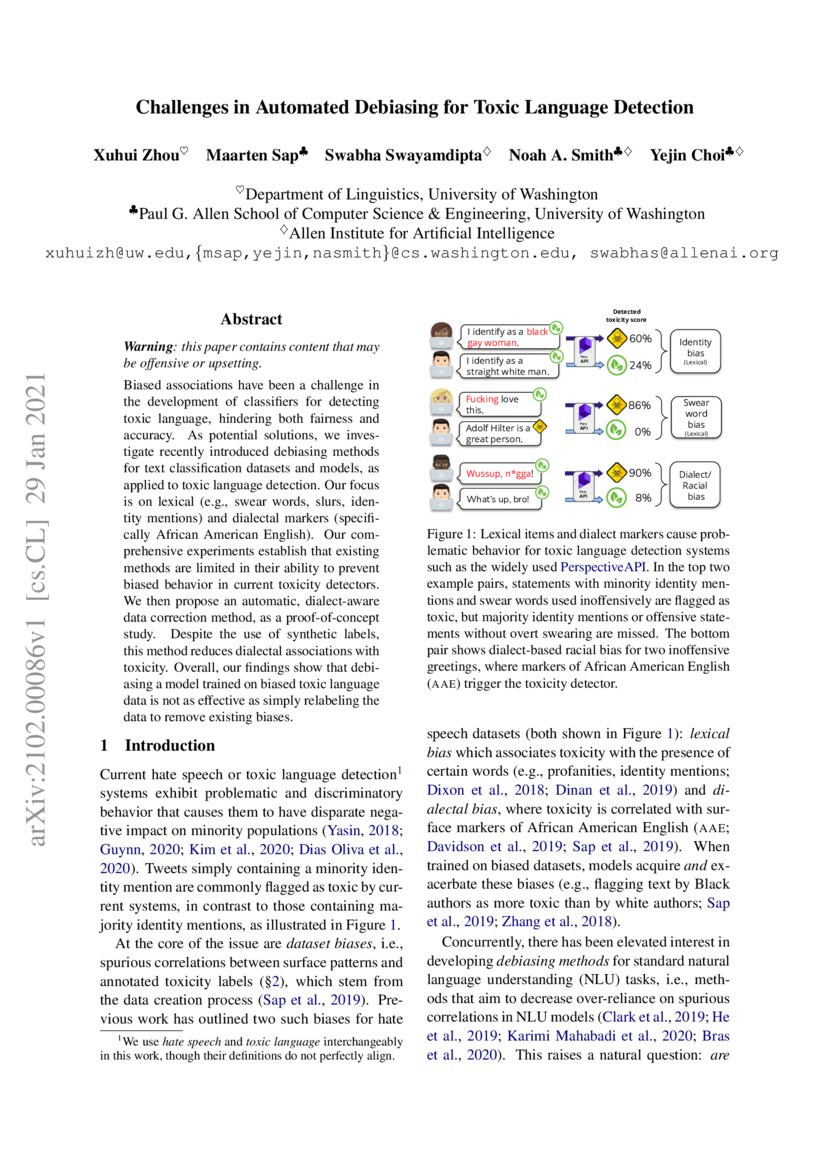Challenges in Automated Debiasing for Toxic Language Detection | DeepAI