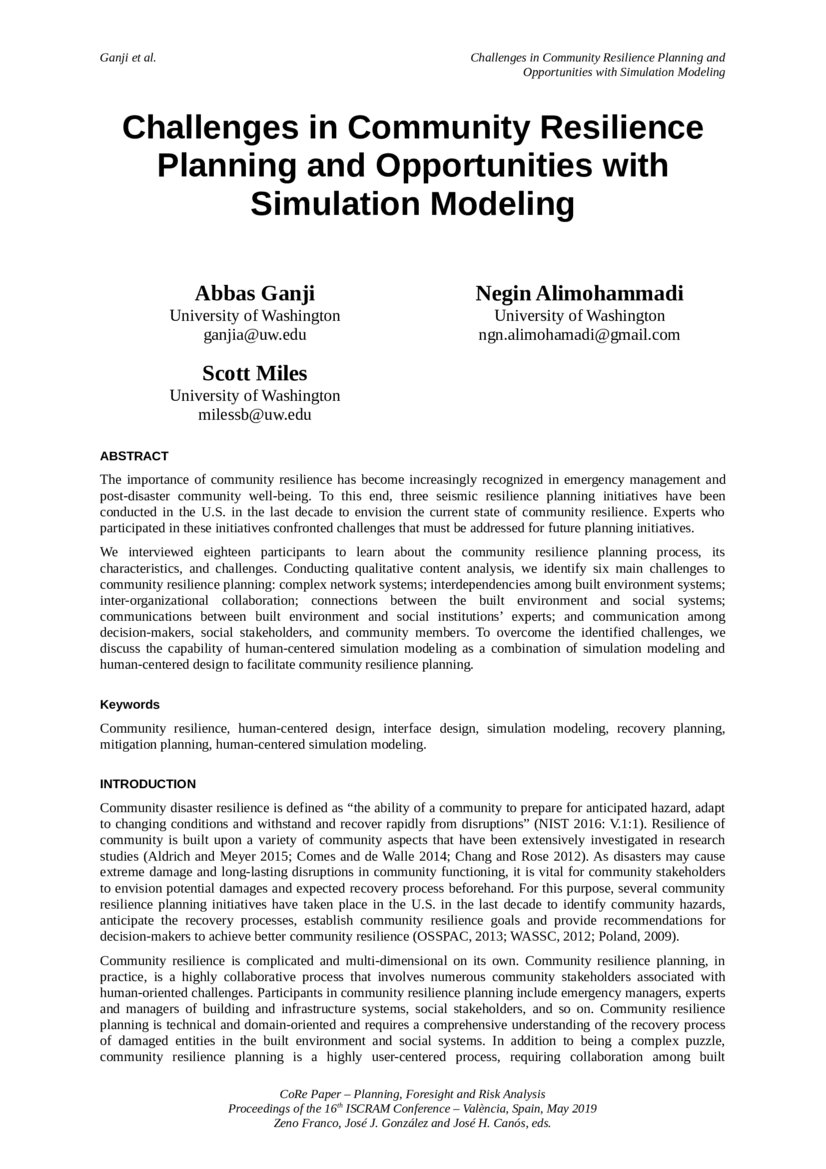 Challenges in Community Resilience Planning and Opportunities with ...