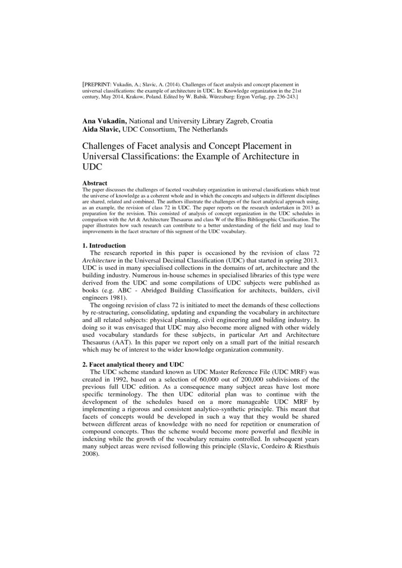 Challenges of facet analysis and concept placement in universal ...