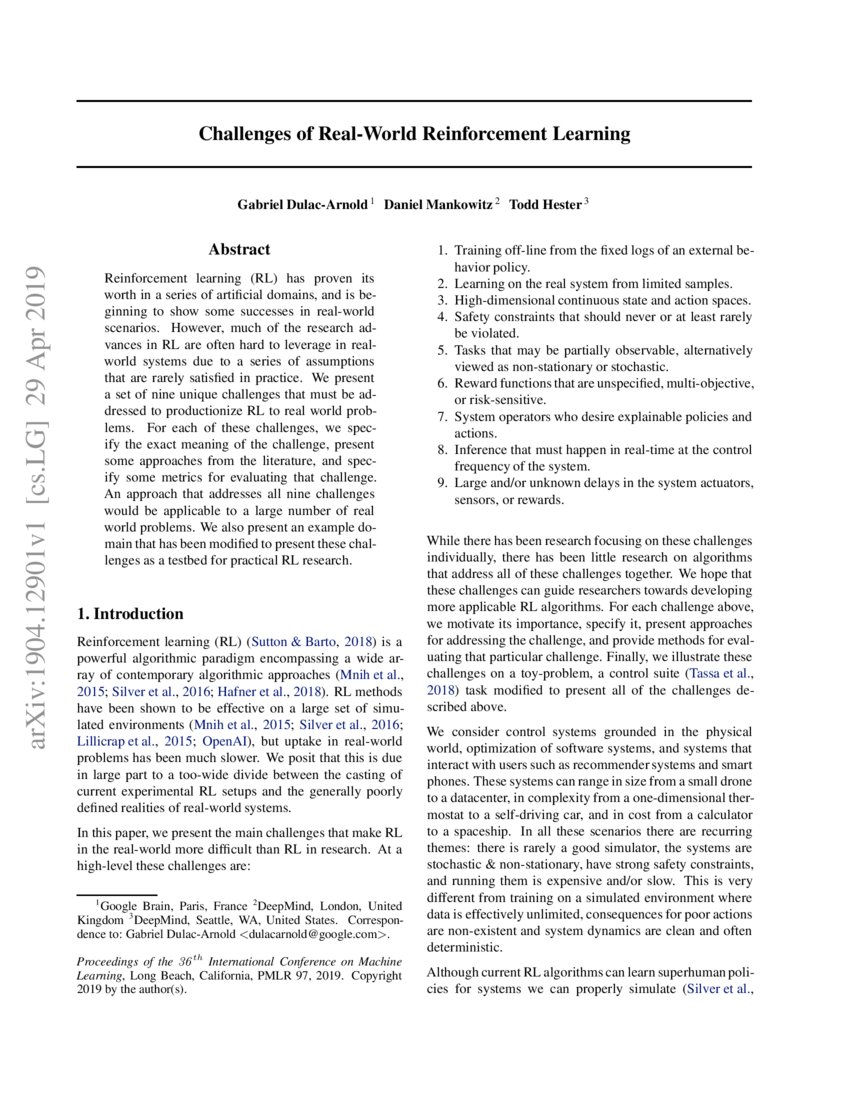 Challenges of Real-World Reinforcement Learning | DeepAI Challenges of Real-World Reinforcement Learning | DeepAI