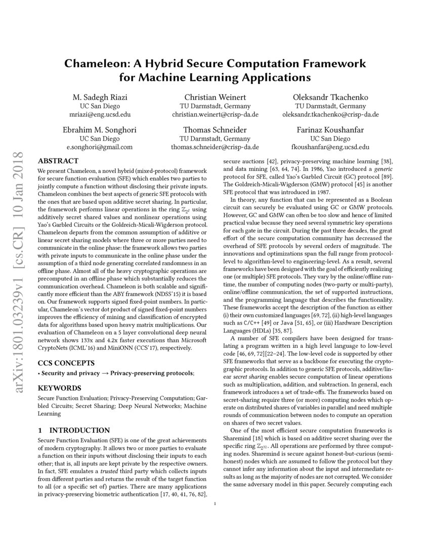 Chameleon A Hybrid Secure Computation Framework For Machine Learning Applications Deepai
