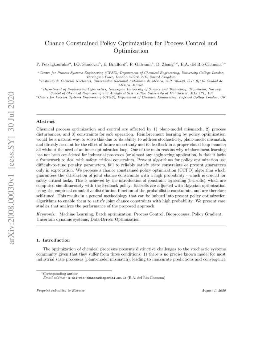 Chance Constrained Policy Optimization for Process Control and ... Chance Constrained Policy Optimization for Process Control and ...