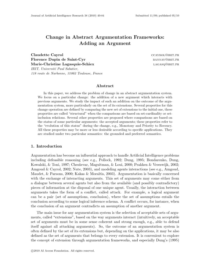 Change in Abstract Argumentation Frameworks: Adding an Argument | DeepAI Change in Abstract Argumentation Frameworks: Adding an Argument | DeepAI