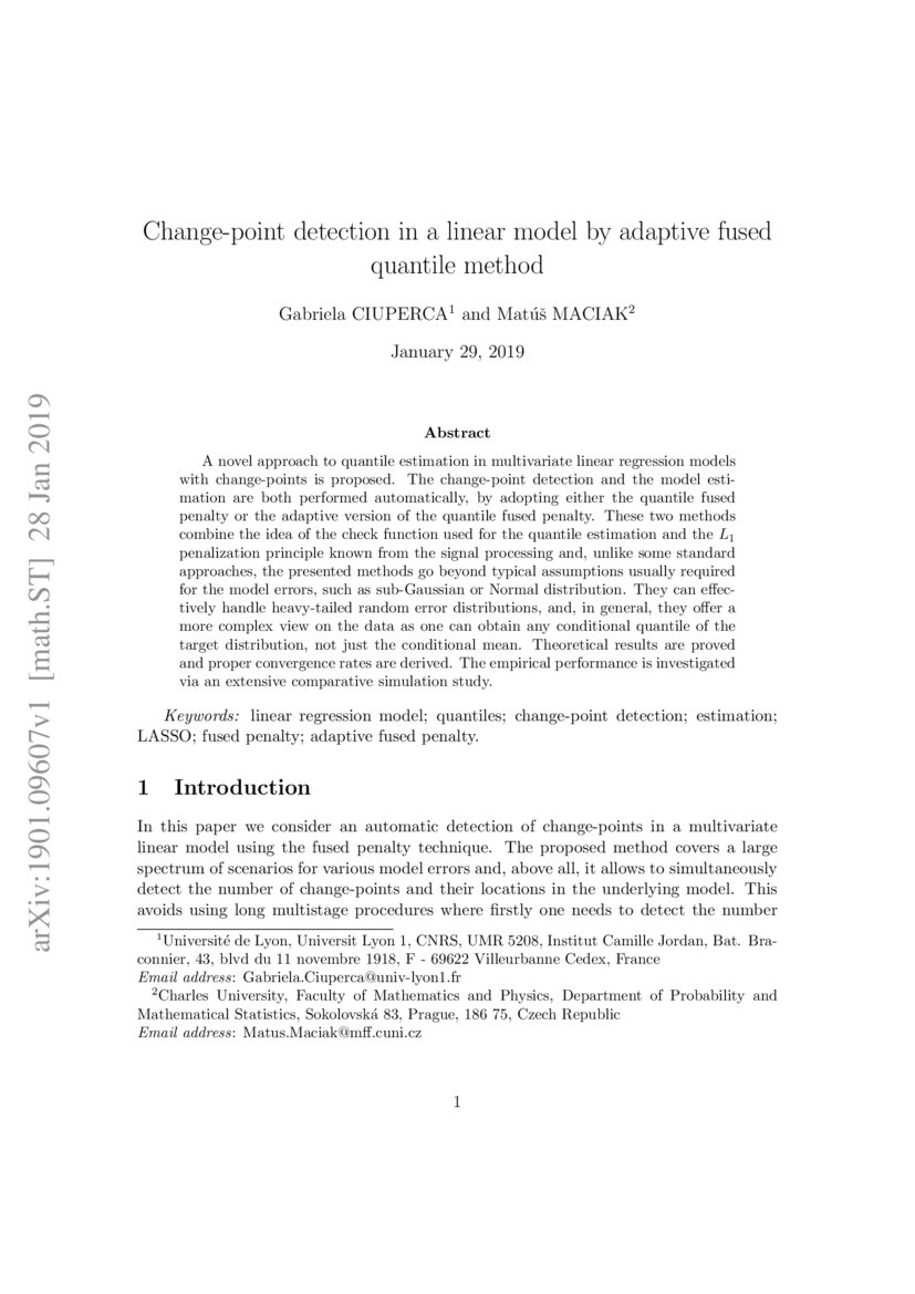 Change-point detection in a linear model by adaptive fused quantile method | DeepAI